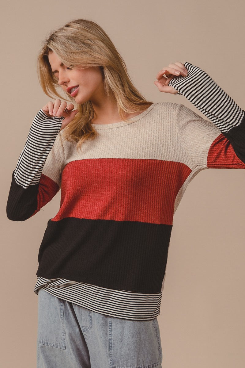 Thermal Waffle Color Block Top With Pin Stripe – RyanRae&Jayde Boutique